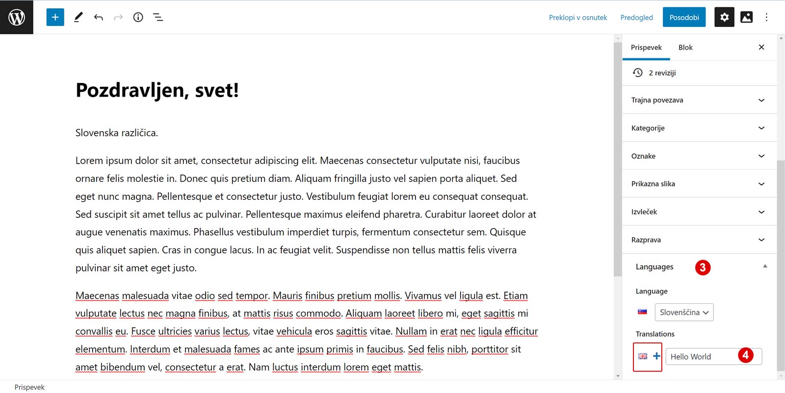 Dodajanje prevoda strani ali prispevka - Revolver navodila